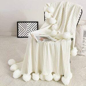 fomoom pom pom throw blanket, knit blanket with pompom tassels, decorative cotton blanket for easter gift, lightweight pom poms knitted blanket (off-white, 39"x59")