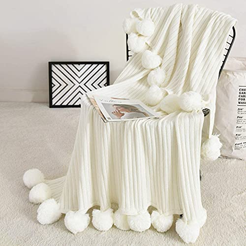 Fomoom Pom Pom Throw Blanket, Knit Blanket with Pompom Tassels, Decorative Cotton Blanket for Easter Gift, Lightweight Pom Poms Knitted Blanket (Off-White, 39"x59")