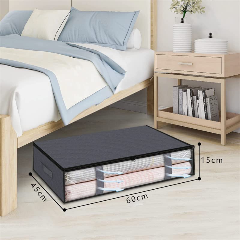 HIPIHOM Underbed Storage Containers, Foldable Under Bed Storage Bags Large Capacity Under-Bed Storage Bins for Blankets, Clothes, Sweaters Comforters with Handles Visible Clear Window, Grey 4 Pack