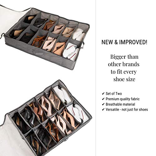 Set of 2 Under Bed Shoe Organizer and Storage for Men, Women and Kids for Up to 12 Pairs Each