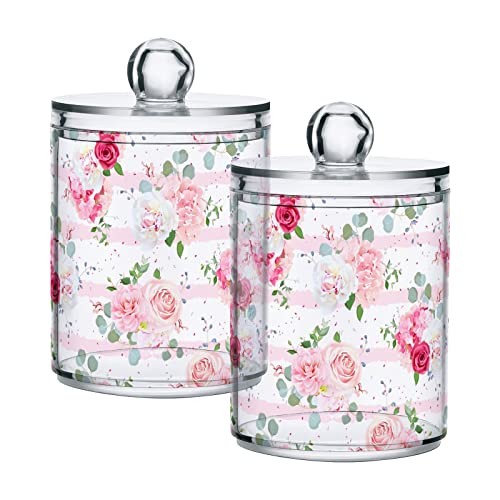 Coikll Romantic Pink Red Rose Qtip Holder with Lid 2PCS Apothecary Jars Storage Containers, Clear Plastic Canister for Cotton Swab,Floss Picks, Cosmetics