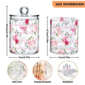 Coikll Romantic Pink Red Rose Qtip Holder with Lid 2PCS Apothecary Jars Storage Containers, Clear Plastic Canister for Cotton Swab,Floss Picks, Cosmetics