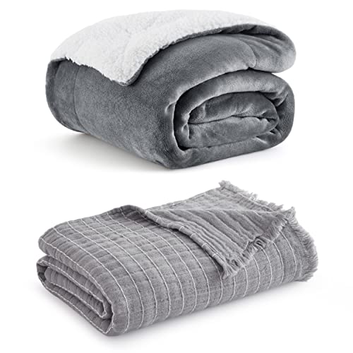 Bedsure Sherpa Fleece Blankets Grey Throw & Bedsure 100% Cotton Muslin Blankets Grey Throw