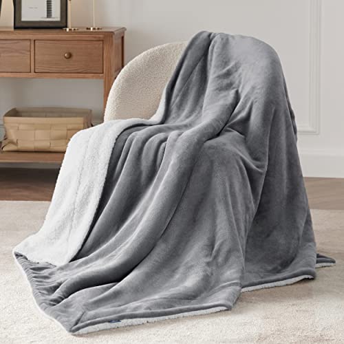 Bedsure Sherpa Fleece Blankets Grey Throw & Bedsure 100% Cotton Muslin Blankets Grey Throw