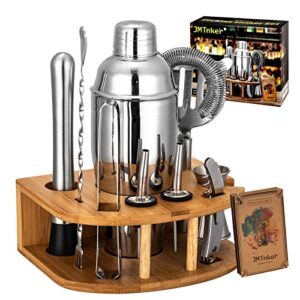 cocktail shaker set with stand | perfect bartender kit for home and bar-bar tools set: 24oz martini shaker, muddler, jigger, strainer, mixer spoon, tongs, corkscrew, 2 liquor pourers, recipes cards