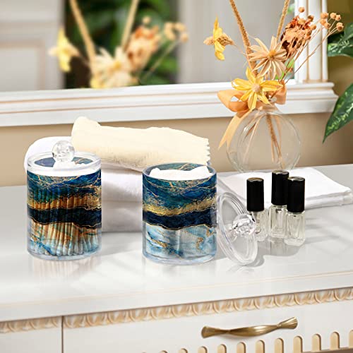 Kigai Blue Gold Marble Qtip Holder - 14OZ Clear Plastic Apothecary Jars Bathroom Canister Dispenser Organizer Vanity Storage Jar with Lid for Cotton Ball, Cotton Swab, Floss (2PACK)