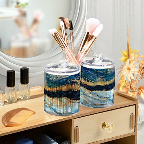 Kigai Blue Gold Marble Qtip Holder - 14OZ Clear Plastic Apothecary Jars Bathroom Canister Dispenser Organizer Vanity Storage Jar with Lid for Cotton Ball, Cotton Swab, Floss (2PACK)