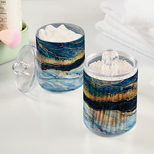 Kigai Blue Gold Marble Qtip Holder - 14OZ Clear Plastic Apothecary Jars Bathroom Canister Dispenser Organizer Vanity Storage Jar with Lid for Cotton Ball, Cotton Swab, Floss (2PACK)