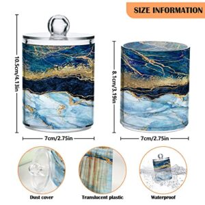 Kigai Blue Gold Marble Qtip Holder - 14OZ Clear Plastic Apothecary Jars Bathroom Canister Dispenser Organizer Vanity Storage Jar with Lid for Cotton Ball, Cotton Swab, Floss (2PACK)