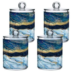 Kigai Blue Gold Marble Qtip Holder - 14OZ Clear Plastic Apothecary Jars Bathroom Canister Dispenser Organizer Vanity Storage Jar with Lid for Cotton Ball, Cotton Swab, Floss (2PACK)