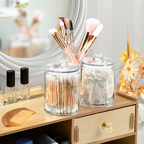 DOMIKING 4 Pack Acrylic Organizer for Cotton Ball Floss Picks Hair Clips Roses Buds Dragonflies Clear Plastic Vanity Canister Cotton Ball Holder Dispenser Bathroom Storage Essentials