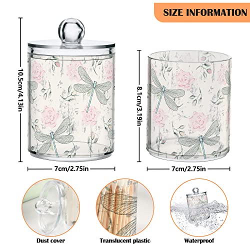 DOMIKING 4 Pack Acrylic Organizer for Cotton Ball Floss Picks Hair Clips Roses Buds Dragonflies Clear Plastic Vanity Canister Cotton Ball Holder Dispenser Bathroom Storage Essentials