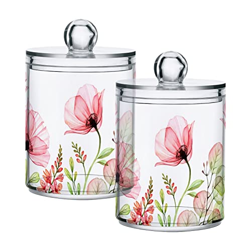 BOENLE 2 Pack Qtip Holder Dispenser Pink Rose Flwer Glass Floral Storage Canister Bathroom Acrylic Plastic Apothecary Jars Vanity Organizer Lid for Cotton Swab/Ball/Pad