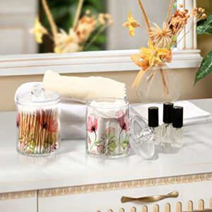 BOENLE 2 Pack Qtip Holder Dispenser Pink Rose Flwer Glass Floral Storage Canister Bathroom Acrylic Plastic Apothecary Jars Vanity Organizer Lid for Cotton Swab/Ball/Pad