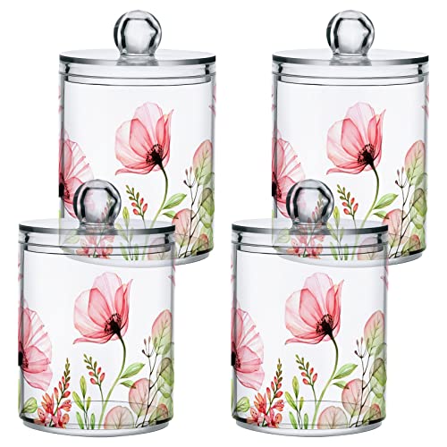 BOENLE 2 Pack Qtip Holder Dispenser Pink Rose Flwer Glass Floral Storage Canister Bathroom Acrylic Plastic Apothecary Jars Vanity Organizer Lid for Cotton Swab/Ball/Pad