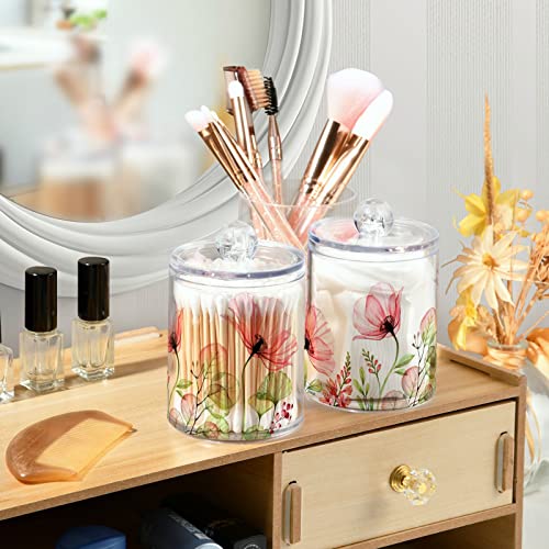 BOENLE 2 Pack Qtip Holder Dispenser Pink Rose Flwer Glass Floral Storage Canister Bathroom Acrylic Plastic Apothecary Jars Vanity Organizer Lid for Cotton Swab/Ball/Pad