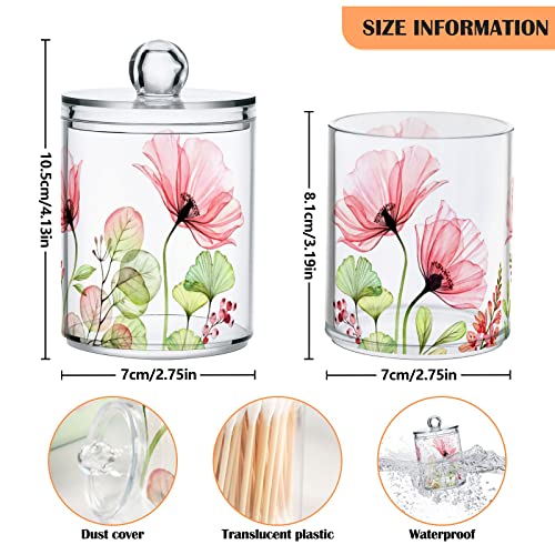 BOENLE 2 Pack Qtip Holder Dispenser Pink Rose Flwer Glass Floral Storage Canister Bathroom Acrylic Plastic Apothecary Jars Vanity Organizer Lid for Cotton Swab/Ball/Pad