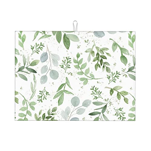 Vodbne Sage Green Leaves Dish Drying Mat XL for Kitchen Counter Microfiber Absorbent Dish Draining Reusable Washable Large 18"x24"