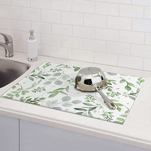 Vodbne Sage Green Leaves Dish Drying Mat XL for Kitchen Counter Microfiber Absorbent Dish Draining Reusable Washable Large 18"x24"