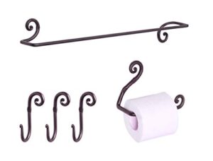 rtzen wrought iron bathroom accessories set, decorative bath towel bar, set of 3 decorative hooks and toilet paper holder