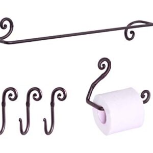 RTZEN Wrought Iron Bathroom Accessories Set, Decorative Bath Towel Bar, Set of 3 Decorative Hooks and Toilet Paper Holder