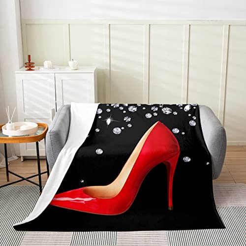 3D Abstract Red High Heel Throw Blanket Throw 50x60 Gliiter Diamond Jewelry Lady Shoes Decor Fleece Blanket for Girls Women Adults Valentine's Day Theme Dreamy Flannel Blanket for Bed Couch