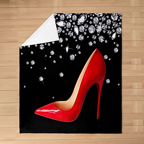 3D Abstract Red High Heel Throw Blanket Throw 50x60 Gliiter Diamond Jewelry Lady Shoes Decor Fleece Blanket for Girls Women Adults Valentine's Day Theme Dreamy Flannel Blanket for Bed Couch