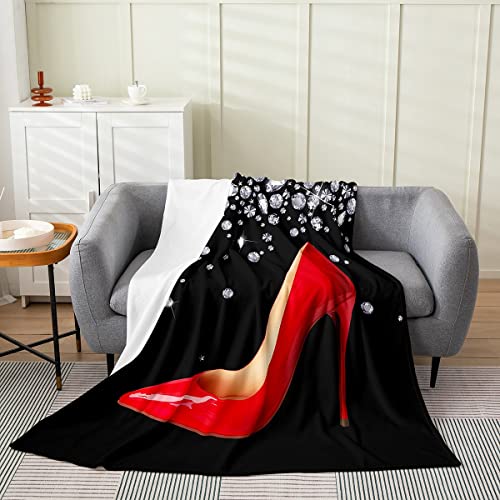 3D Abstract Red High Heel Throw Blanket Throw 50x60 Gliiter Diamond Jewelry Lady Shoes Decor Fleece Blanket for Girls Women Adults Valentine's Day Theme Dreamy Flannel Blanket for Bed Couch