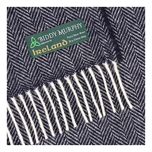 Biddy Murphy Irish Wool Throw Toss Blanket, 79" x 57" Inches, 3" Fringe, Traditional Herringbone Weave, Heirloom Quality, Imported from Ireland, Darkened Navy