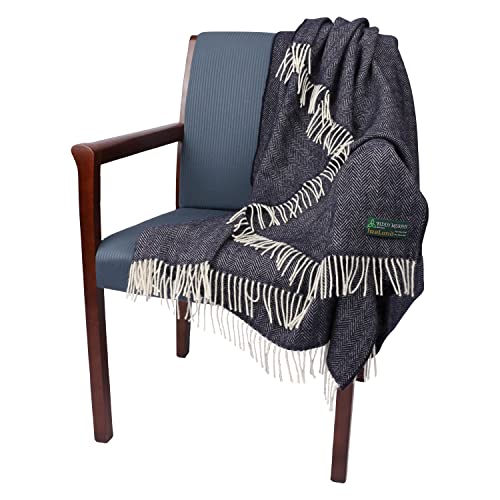 Biddy Murphy Irish Wool Throw Toss Blanket, 79" x 57" Inches, 3" Fringe, Traditional Herringbone Weave, Heirloom Quality, Imported from Ireland, Darkened Navy