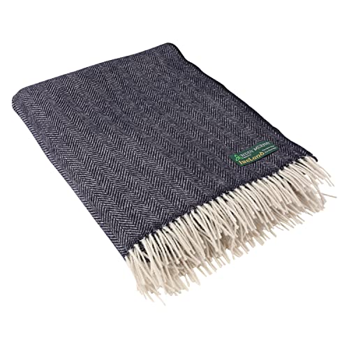 Biddy Murphy Irish Wool Throw Toss Blanket, 79" x 57" Inches, 3" Fringe, Traditional Herringbone Weave, Heirloom Quality, Imported from Ireland, Darkened Navy