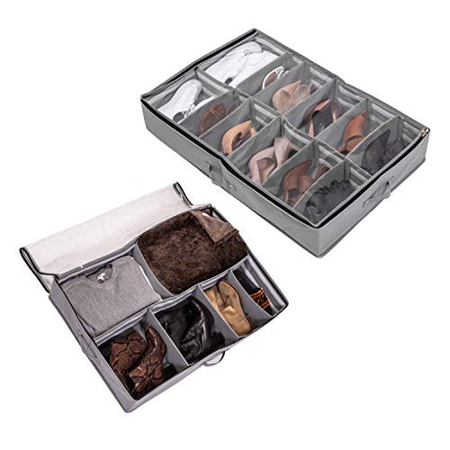 DECOLUXE Set of 2 Under Bed Shoe Organizer and Storage with Customizable Dividers up to 24 Pairs Total