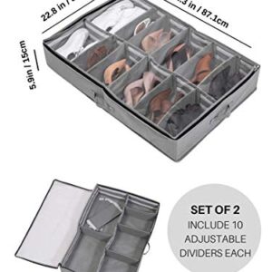 DECOLUXE Set of 2 Under Bed Shoe Organizer and Storage with Customizable Dividers up to 24 Pairs Total