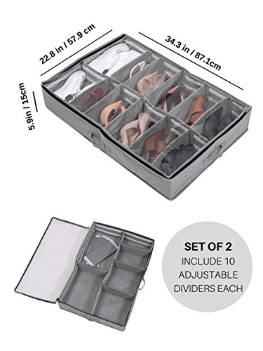 DECOLUXE Set of 2 Under Bed Shoe Organizer and Storage with Customizable Dividers up to 24 Pairs Total