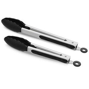 2 pack black kitchen tongs, premium silicone bpa free non-stick stainless steel bbq cooking grilling locking food tongs, 9-inch & 12-inch