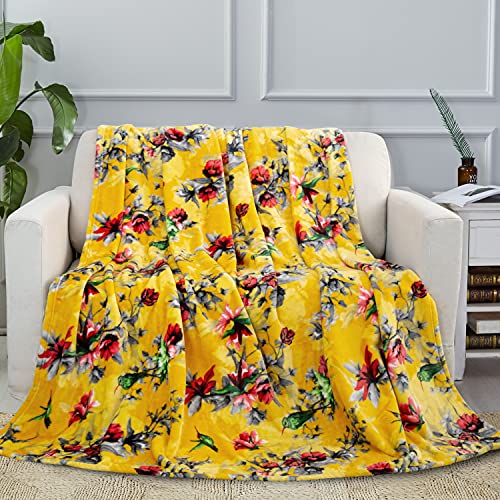 DaDa Bedding Vibrant Tropical Hummingbird Throw Blanket - Sunny Yellow Fleece Bright Super Soft Faux Mink for Sofa or Couch - Cozy & Lightweight - 50" x 60"