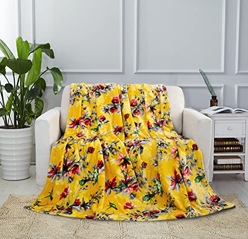 DaDa Bedding Vibrant Tropical Hummingbird Throw Blanket - Sunny Yellow Fleece Bright Super Soft Faux Mink for Sofa or Couch - Cozy & Lightweight - 50" x 60"