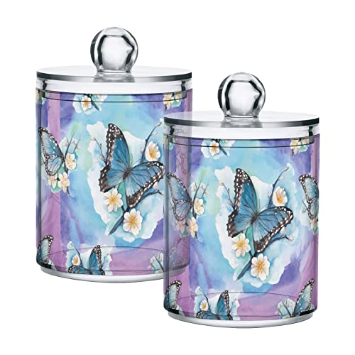 Coikll Butterfly Flower Watercolor Qtip Holder with Lid 2PCS Apothecary Jars Storage Containers, Clear Plastic Canister for Cotton Swab,Floss Picks, Cosmetics