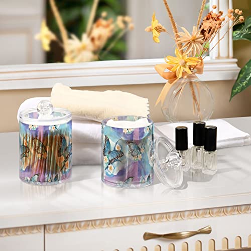 Coikll Butterfly Flower Watercolor Qtip Holder with Lid 2PCS Apothecary Jars Storage Containers, Clear Plastic Canister for Cotton Swab,Floss Picks, Cosmetics