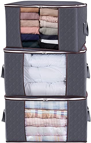 AJWON Large Capacity Clothes Storage Bag Organizer, Foldable Clothing Storage Bins with Clear Window, Reinforced Handle and Sturdy Zipper for Organizing Comforters, Blankets, Bedding,Closet,Pillows, 90L, Grey (Large)