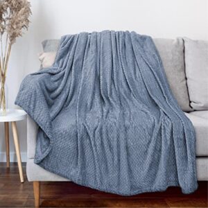 pavilia soft flannel fleece blanket throw dusty blue, textured decorative velvet blanket for couch sofa bed, fuzzy plush cozy warm lightweight microfiber throw, jacquard weave leaves pattern 50x60