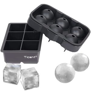 ticent ice cube trays (set of 2), silicone sphere whiskey ice ball maker with lids & large square ice cube molds for cocktails & bourbon - reusable & bpa free