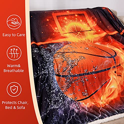 A Nice Night Basketball Print Sherpa Fleece Blanket Twin Size Plush Throw Blanket Fuzzy Soft Blanket Microfiber (Basketball, Twin(60x80 Inch))