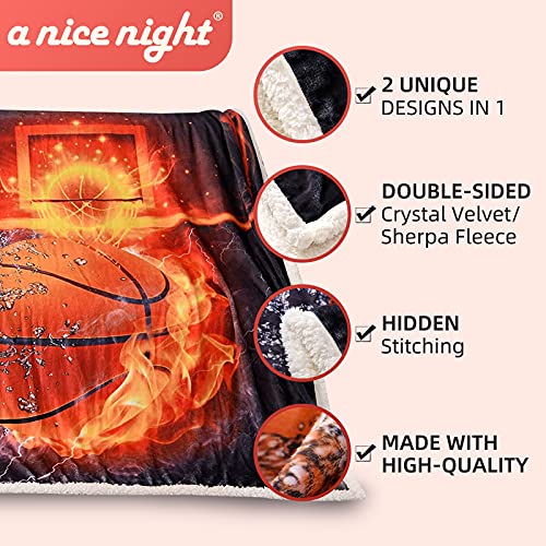 A Nice Night Basketball Print Sherpa Fleece Blanket Twin Size Plush Throw Blanket Fuzzy Soft Blanket Microfiber (Basketball, Twin(60x80 Inch))