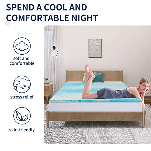 Vyfipt 3 Inch Ventilated Gel Infused Memory Foam Mattress Topper, Cooling Gel Foam, Pressure Relief, Mattress Topper in a Box, CertiPUR-US Certified, Blue, Queen