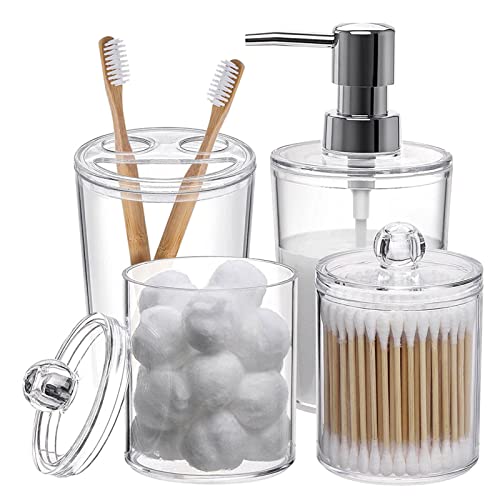 Bathroom Accessories Set 4, Lotion Soap Dispenser, Toothbrush Holder, 2 Apothecary Jars, Plastic Clear Countertop Storage Organizer for Bathroom Kitchen Farmhouse Decor (Transparent)