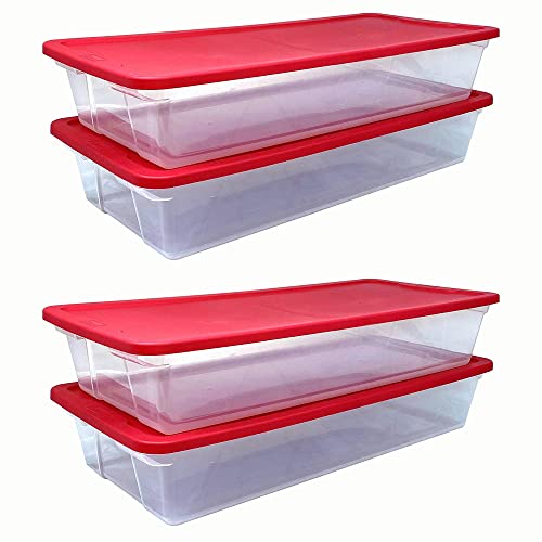 HOMZ Large 41 Quart Clear Plastic Under Bed See Through Stackable Storage Organizer Container with Red Snap Lock Lid (4 Pack)