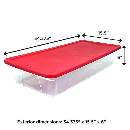 HOMZ Large 41 Quart Clear Plastic Under Bed See Through Stackable Storage Organizer Container with Red Snap Lock Lid (4 Pack)