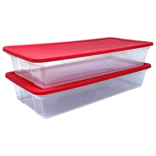 HOMZ Large 41 Quart Clear Plastic Under Bed See Through Stackable Storage Organizer Container with Red Snap Lock Lid (4 Pack)