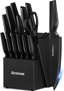 astercook knife set, kitchen knife set with built-in sharpener block, dishwasher safe, 15 pieces german stainless steel knife block set, black